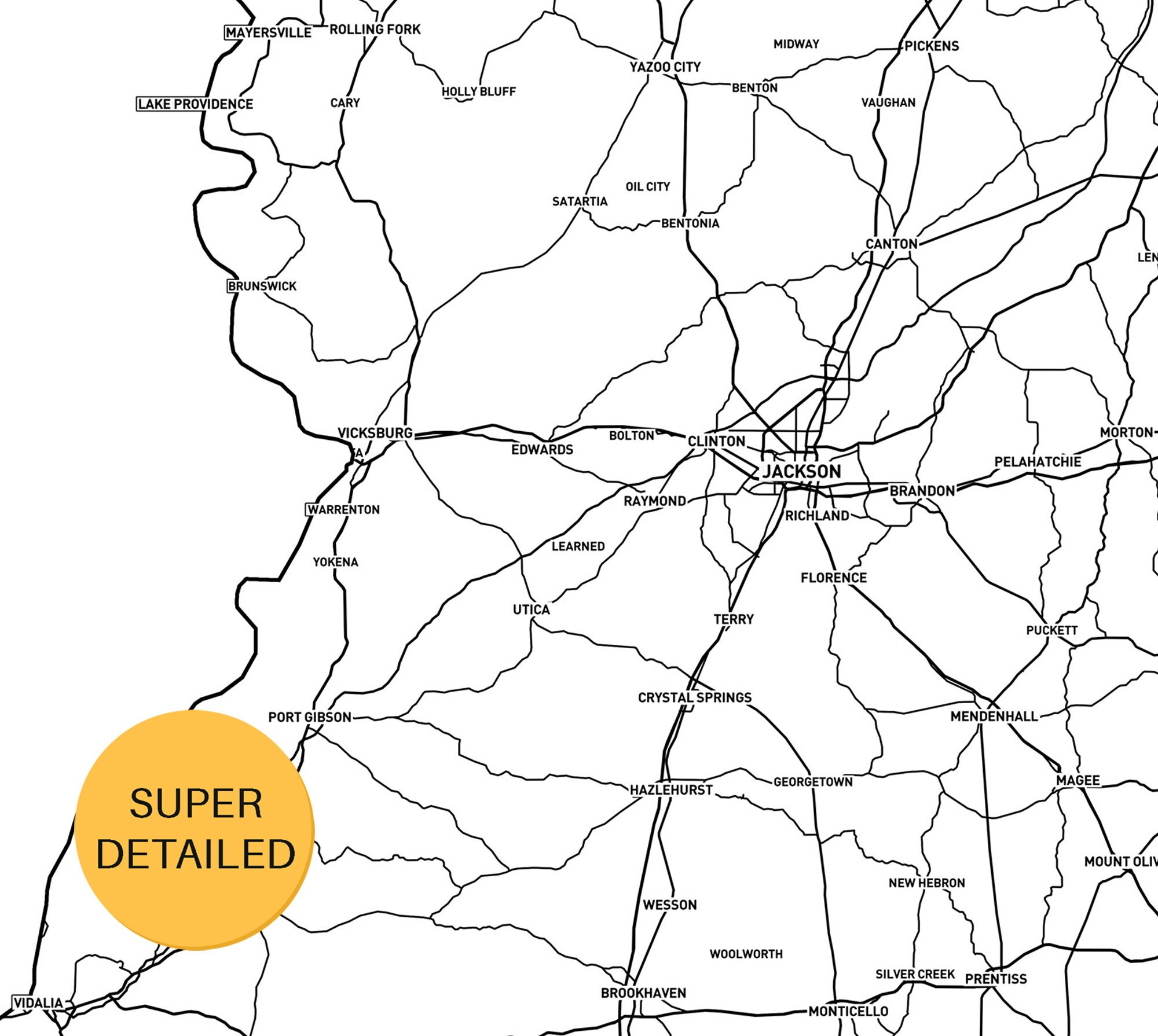 Mississippi Map Poster, Printable USA State Road Map With City Names ...