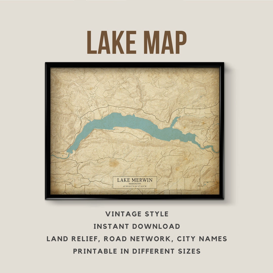 Printable Vintage Style Map of Lake Merwin, Washington, United States ...