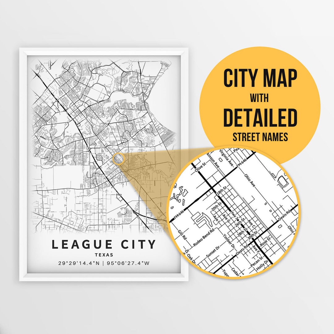 Printable Map of League City, Texas, USA With Street Names - Instant ...