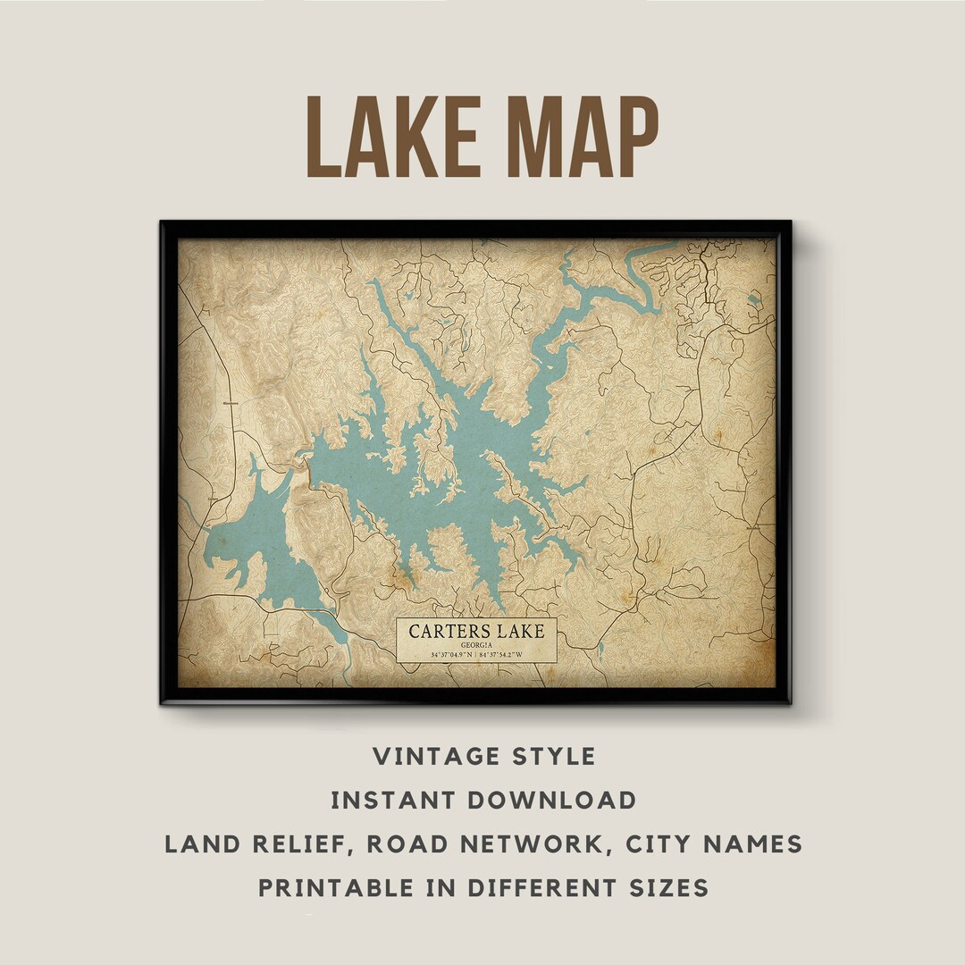 Vintage Style Map of Carters Lake, Georgia, USA Instant Download Lake ...