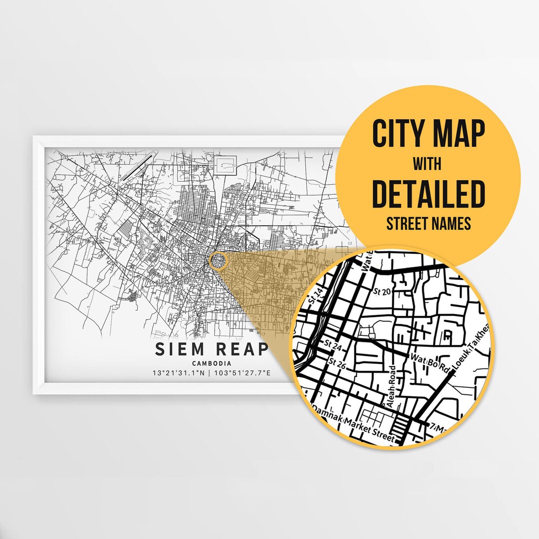 Printable Map of Siem Reap, Cambodia With Street Names - Instant ...