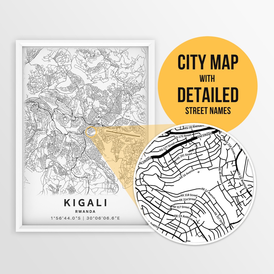 Printable Map of Kigali, Rwanda With Street Names - Instant Download ...