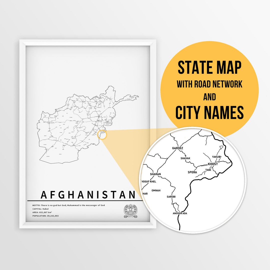 Printable Map of Afghanistan With City Names and Roads - Instant ...