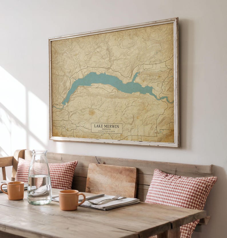 Lake Merwin Vintage Style Map, Printable Washington Lake House Poster ...