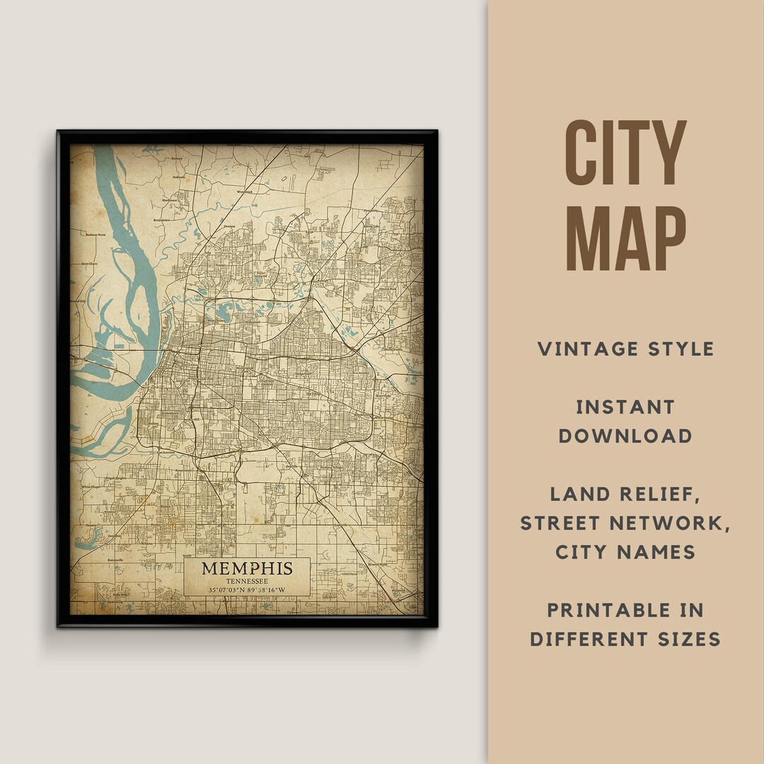 Printable Vintage Style Map of Memphis, Tennessee, USA Instant Download ...