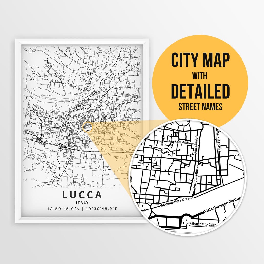 Mapa imprimible de Lucca, Toscana, Italia con nombres de calles - Descarga instantánea \ Mapa de ...