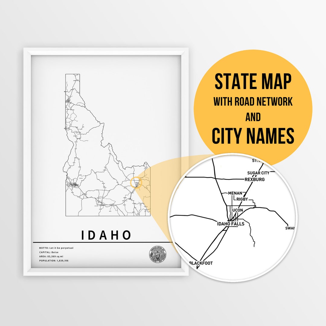 Printable Map of Idaho With City Names and Roads - Instant Download ...