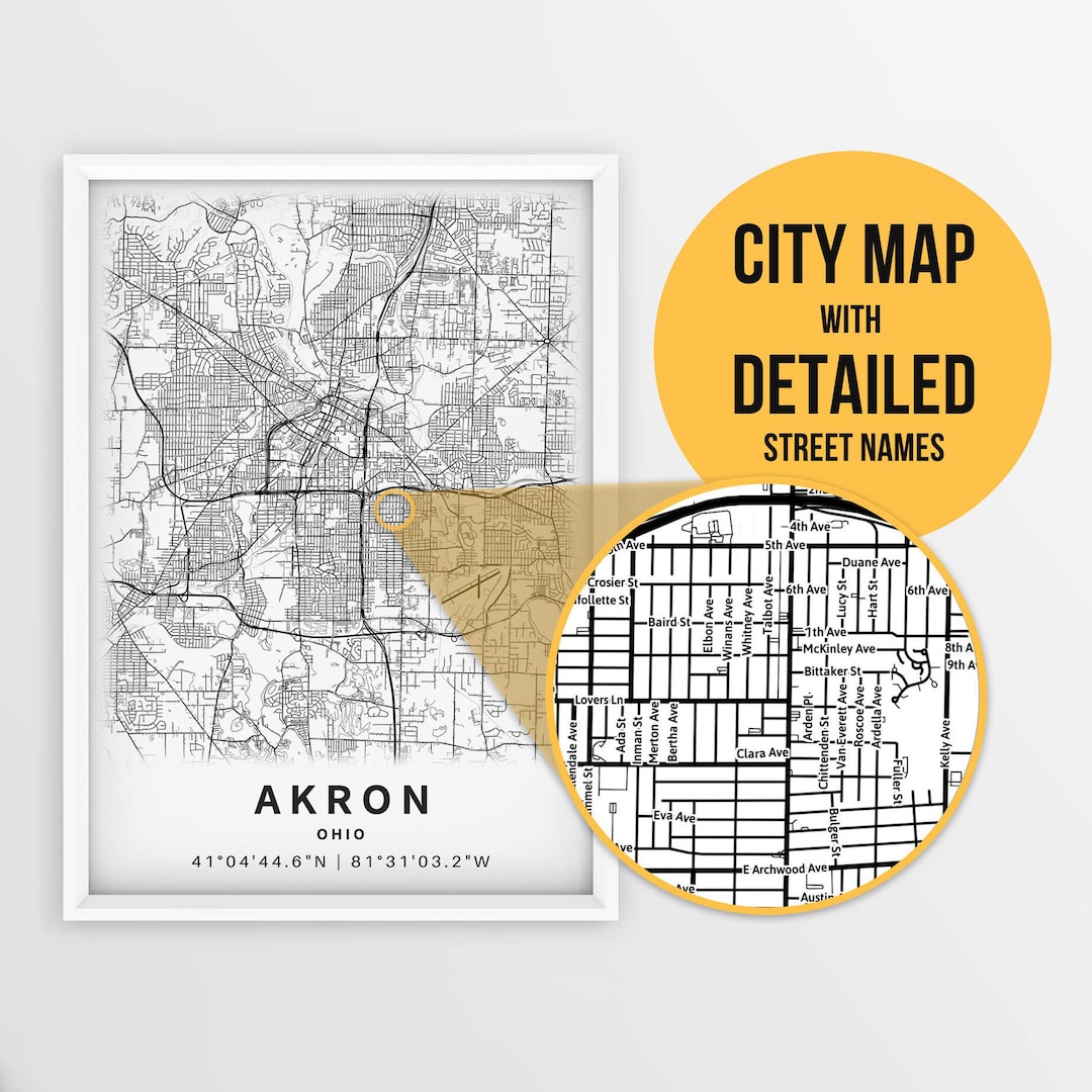 Printable Map Akron, Ohio, USA With Street Names - Instant Download ...