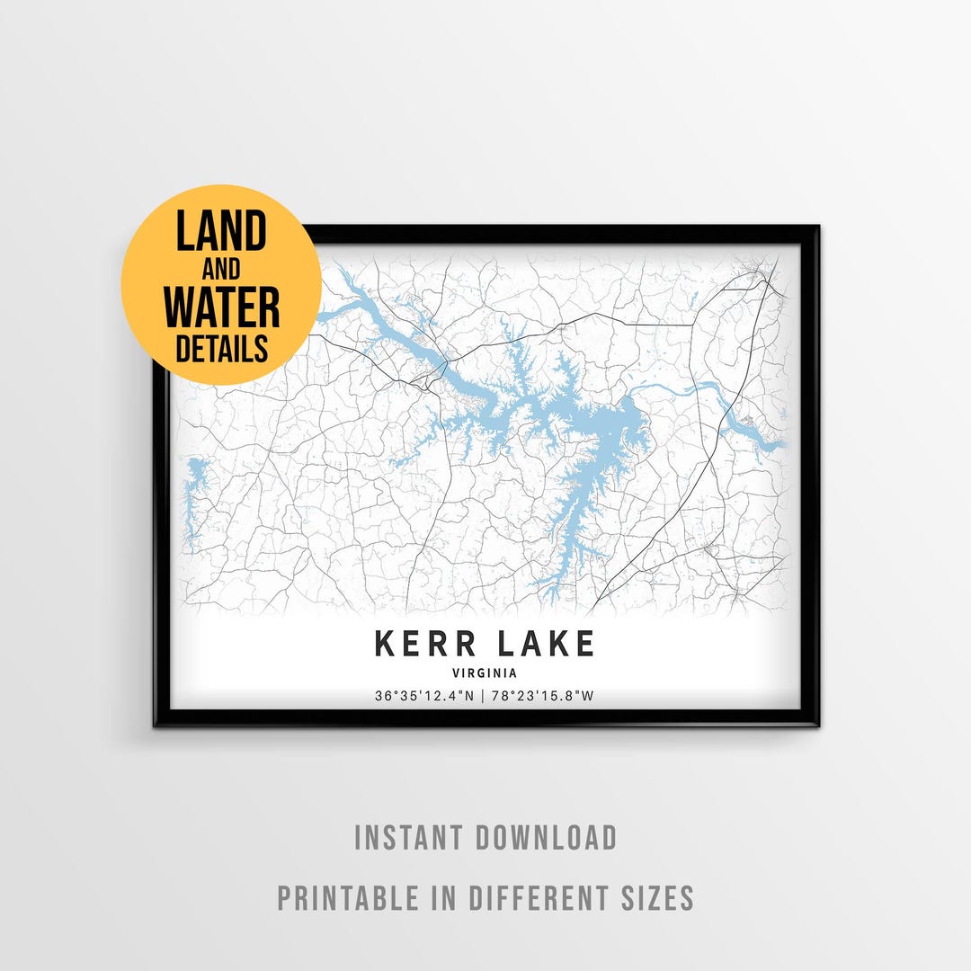 Kerr Lake Map Poster, Printable North Carolina Virginia Lake House ...