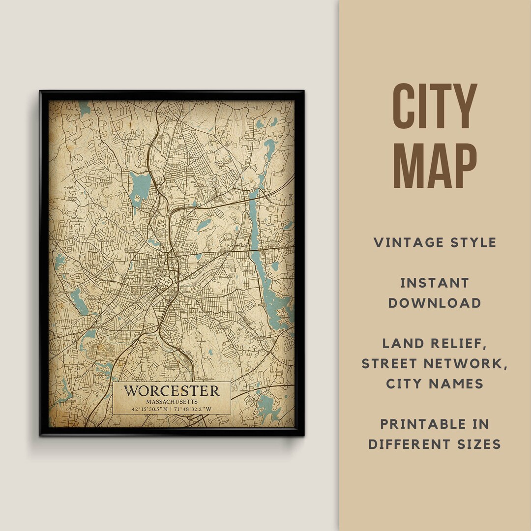 Printable Vintage Style Map of Worcester, Massachusetts, USA - Instant ...