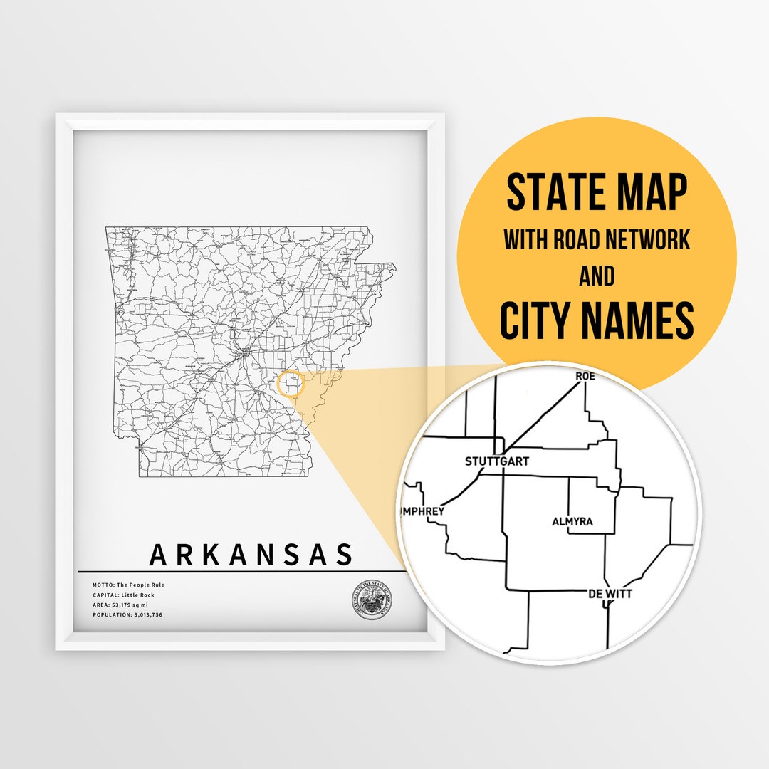 Printable Map of Arkansas, USA With City Names - Instant Download ...