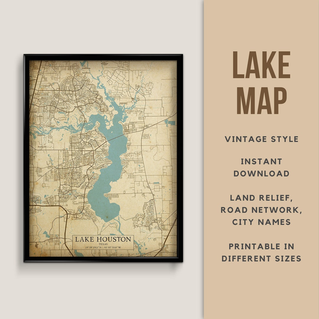 Printable Vintage Style Map of Lake Houston, Texas, USA With City Names ...