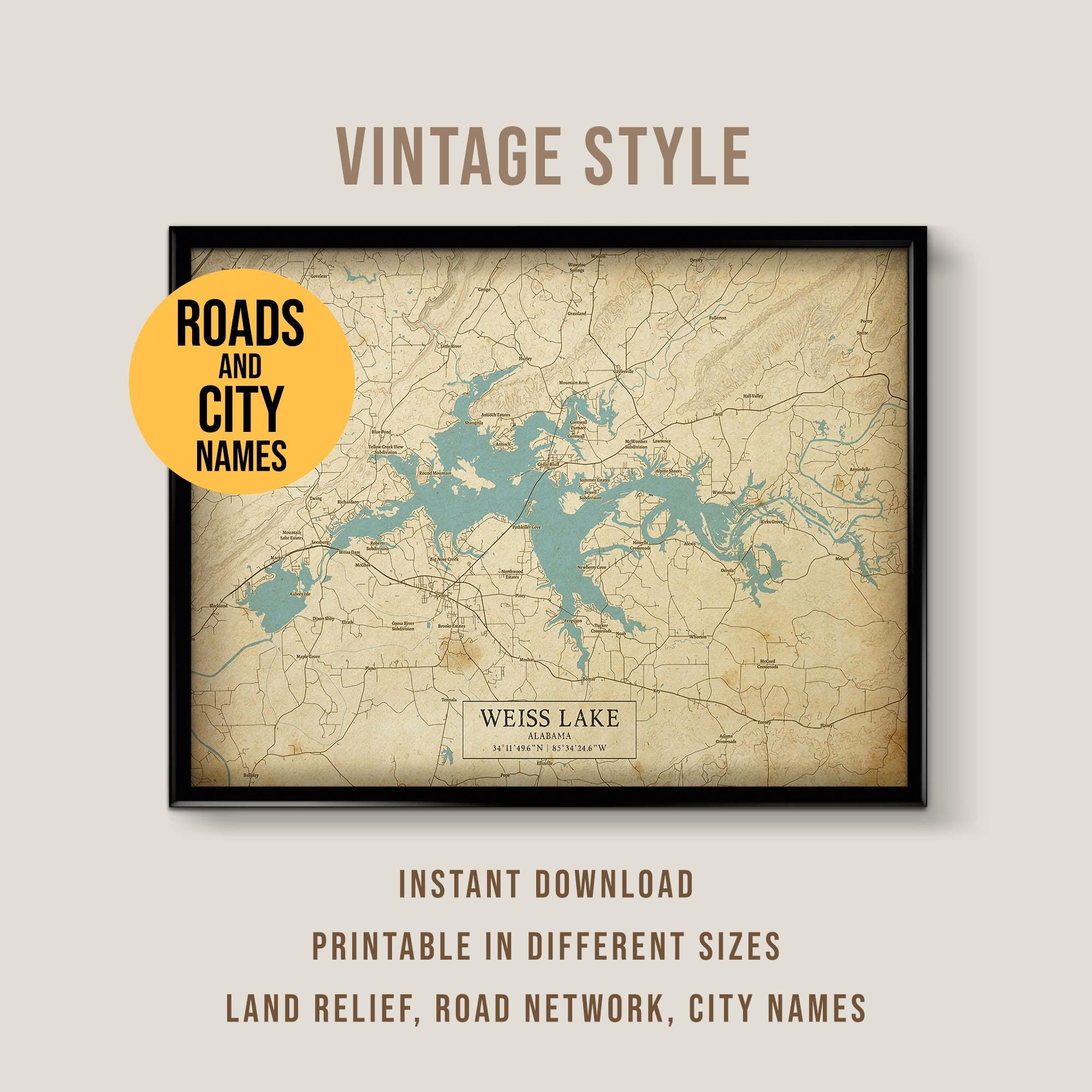 Weiss Lake Vintage Style Map, Printable Alabama Lake Poster (instant ...