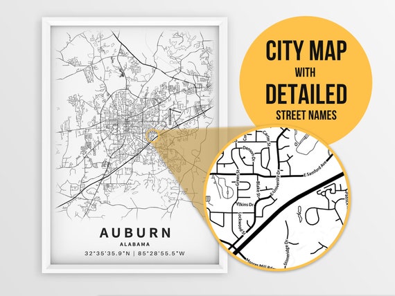 Printable Map of Auburn Alabama AL United States With Street - Etsy