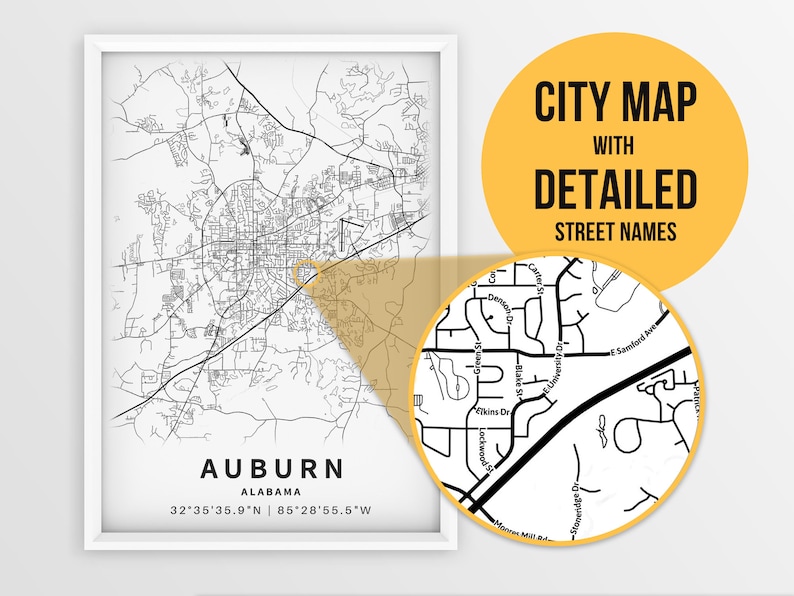 Printable Map of Auburn Alabama AL United States With Street - Etsy