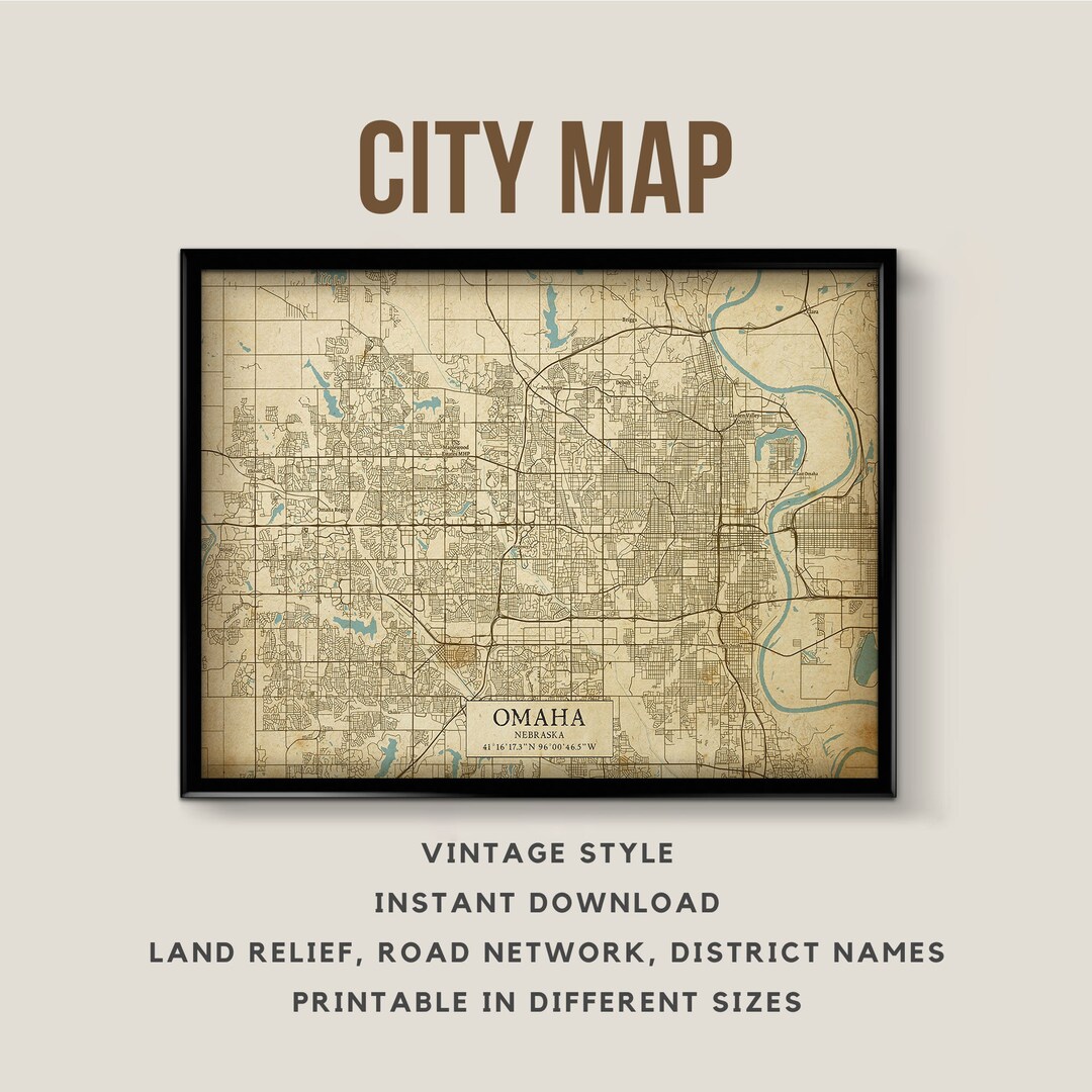 Printable Vintage Style Map of Omaha, Nebraska, USA - Instant Download ...