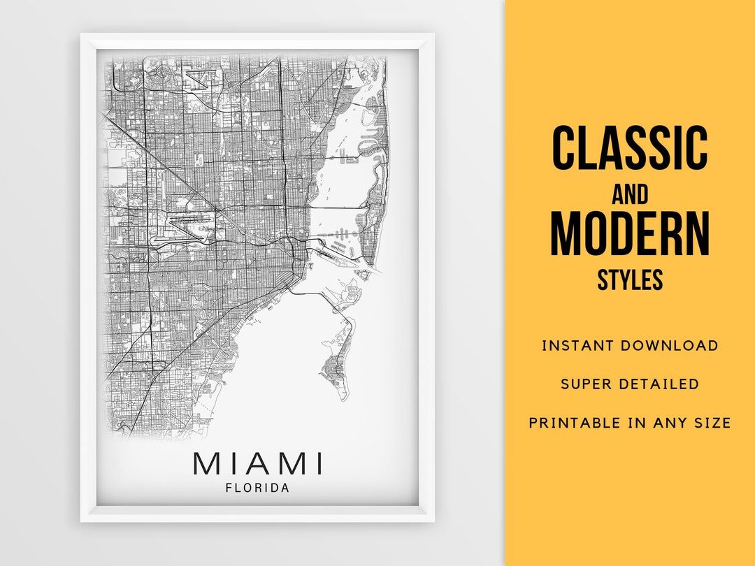 Printable Map of Miami, Florida, United States Instant Download City ...