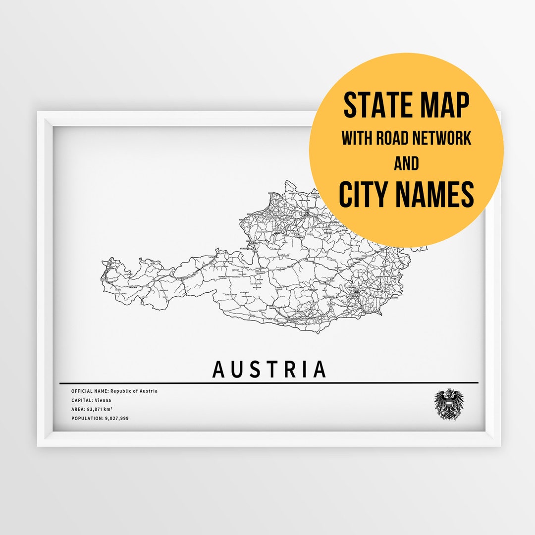 Printable Map of Austria With City Names and Roads Instant Download ...