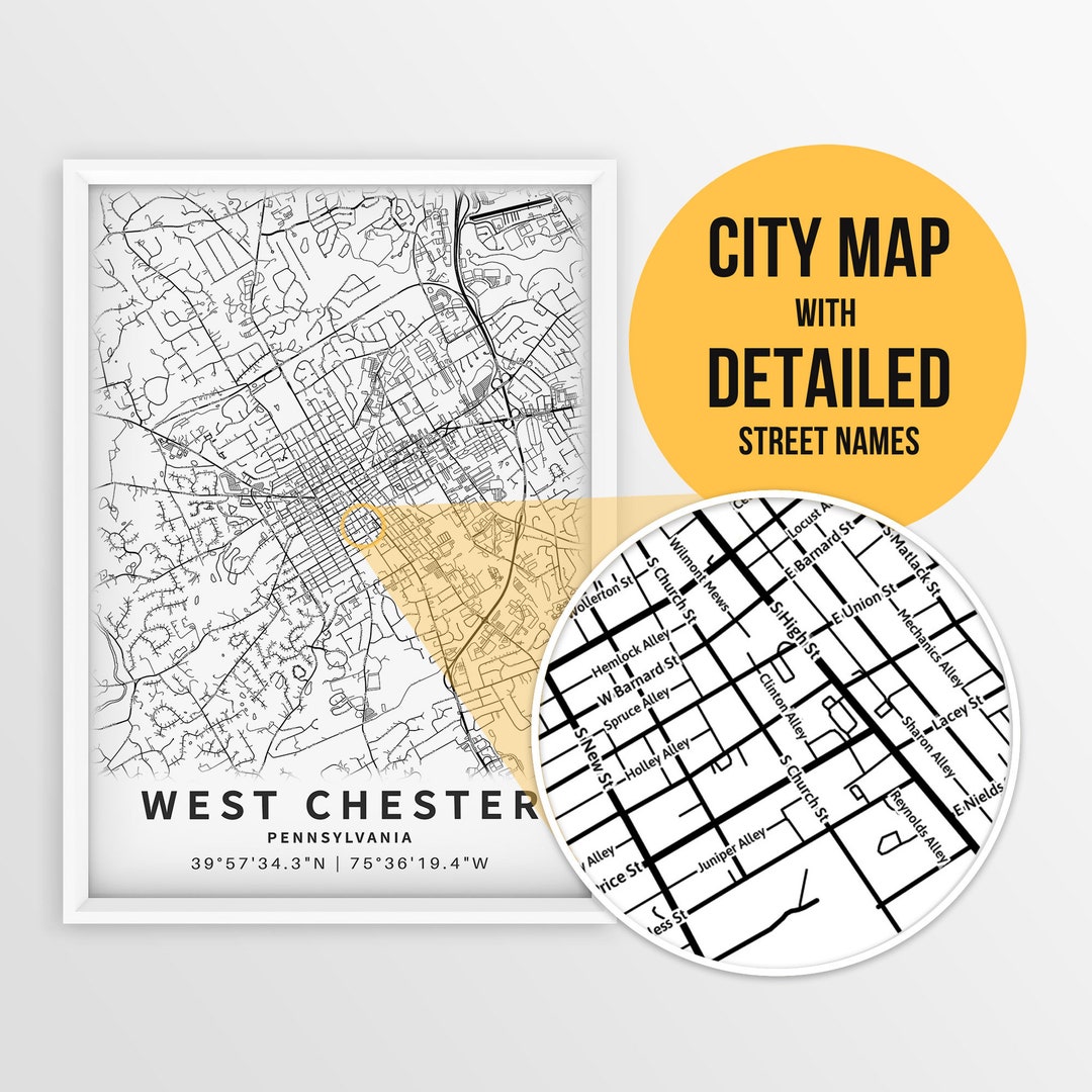 Printable Map of West Chester, Pennsylvania, USA With Street Names - Instant Download \ City Map ...