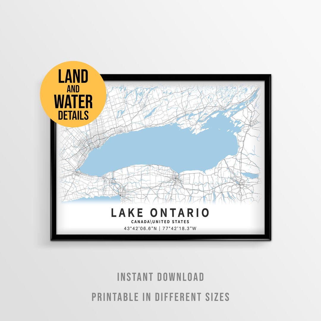 Lake Ontario Map Poster, Printable Canada and USA Lake House Decor ...