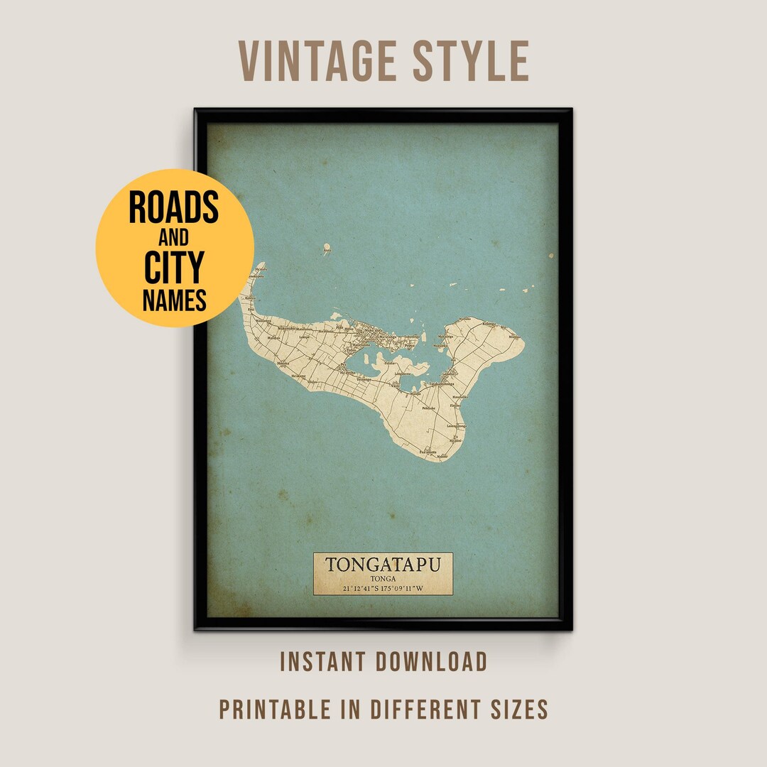 Tongatapu, Tonga Vintage Style Map, Printable Tongatapu City Poster ...