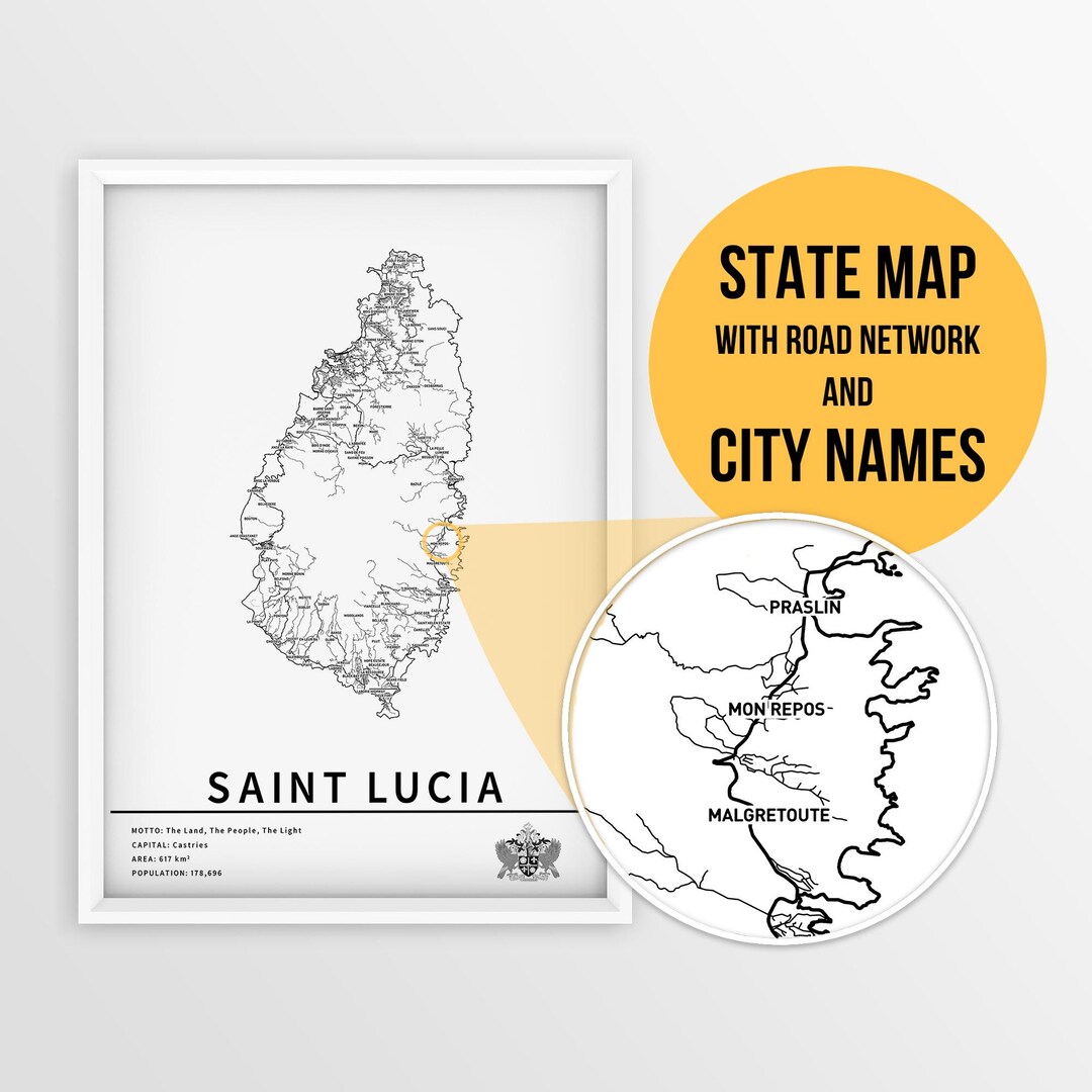 Printable Map of Saint Lucia With City Names and Roads - Instant ...