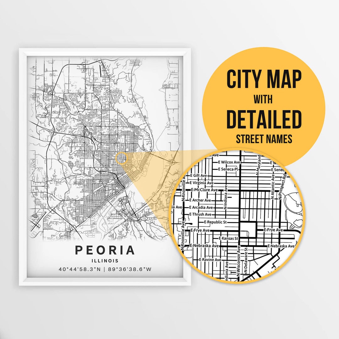 Printable Map of Peoria, Illinois, USA With Street Names - Instant ...