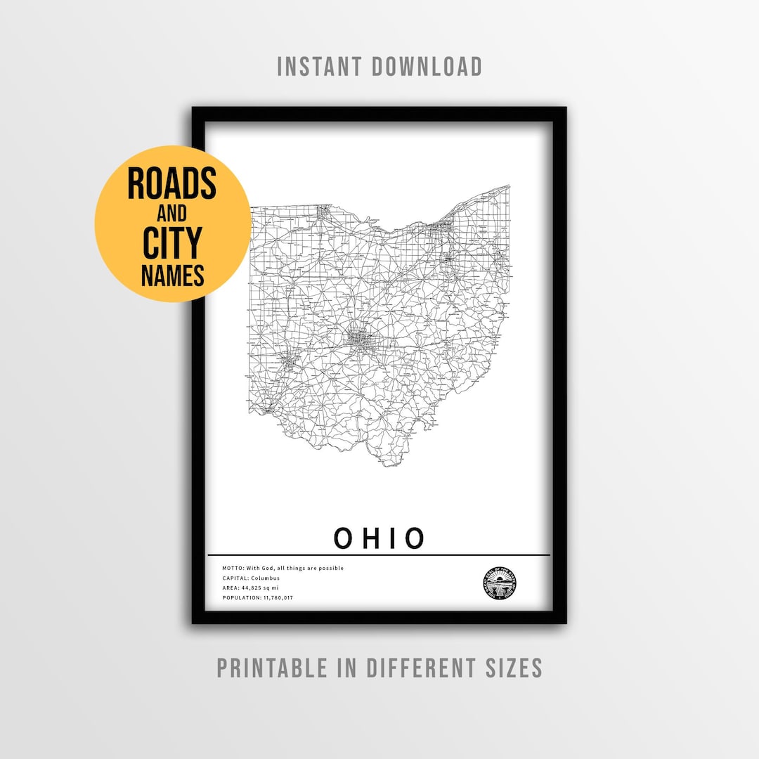 Ohio Map Poster, Printable USA Road Map With City Names (instant ...