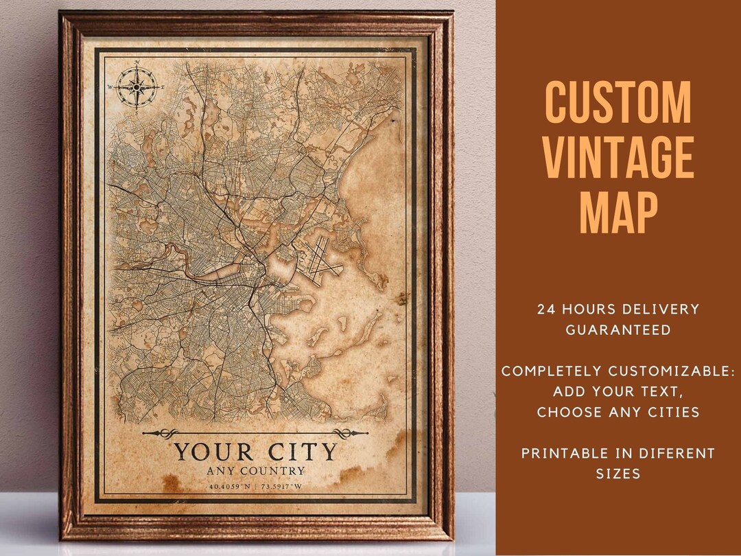 Custom Vintage Style Map of Your City Any Town Digital - Etsy
