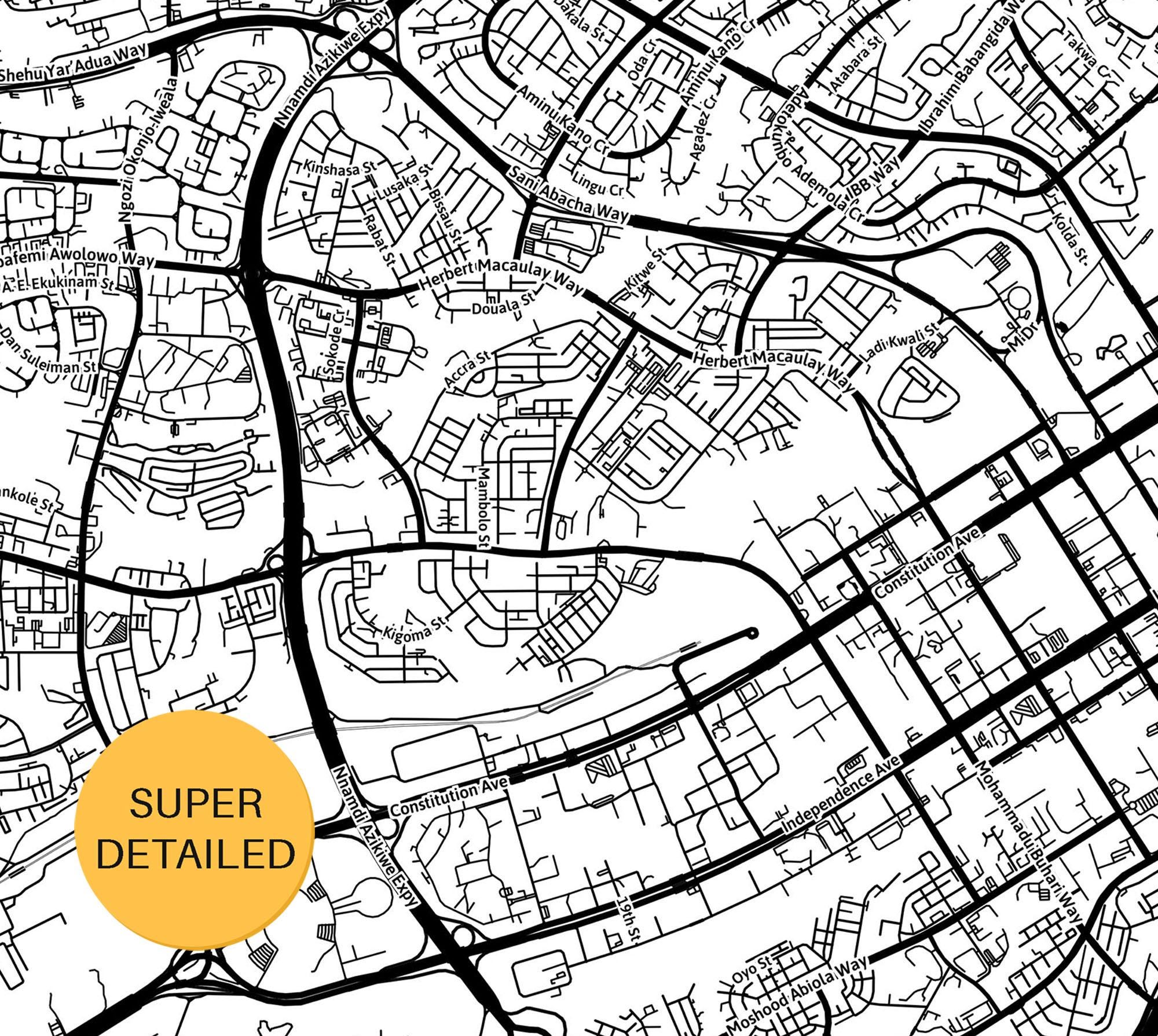 Abuja Nigeria Map With Street Names, Printable Abuja City Poster ...