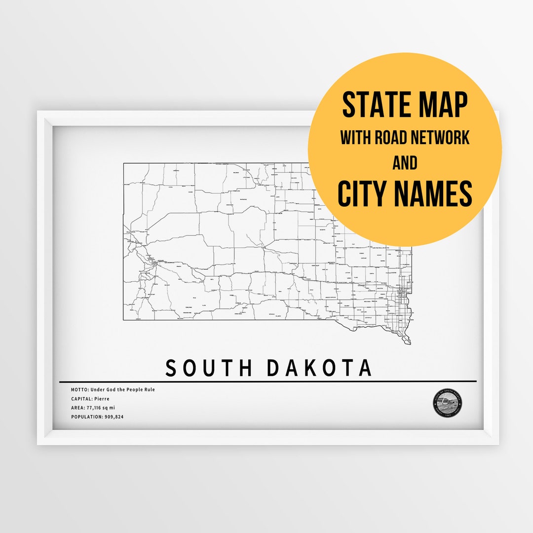 Printable Map of South Dakota With City Names and Roads - Instant ...