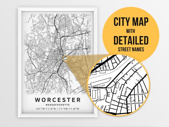Printable Map of Worcester Massachusetts United States With | Etsy