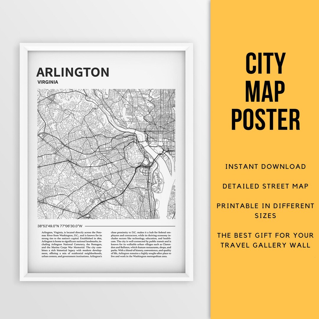Arlington, Virginia, USA Printable Map Poster Instant Download Street ...
