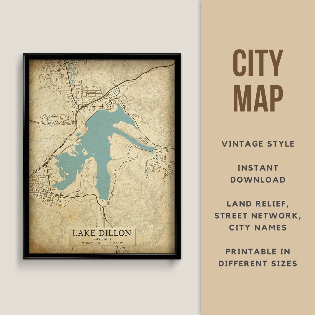 Vintage Style Map of Dillon Reservoir, Colorado, USA With City Names ...
