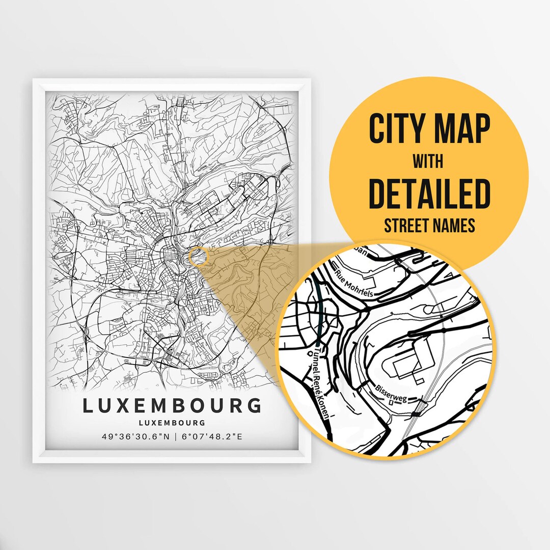 Printable Map Luxembourg, Grand Duchy of Luxembourg With Street Names ...