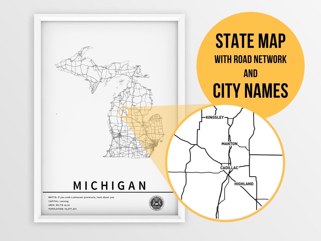 Printable Map of Michigan, United States With City Names Instant ...