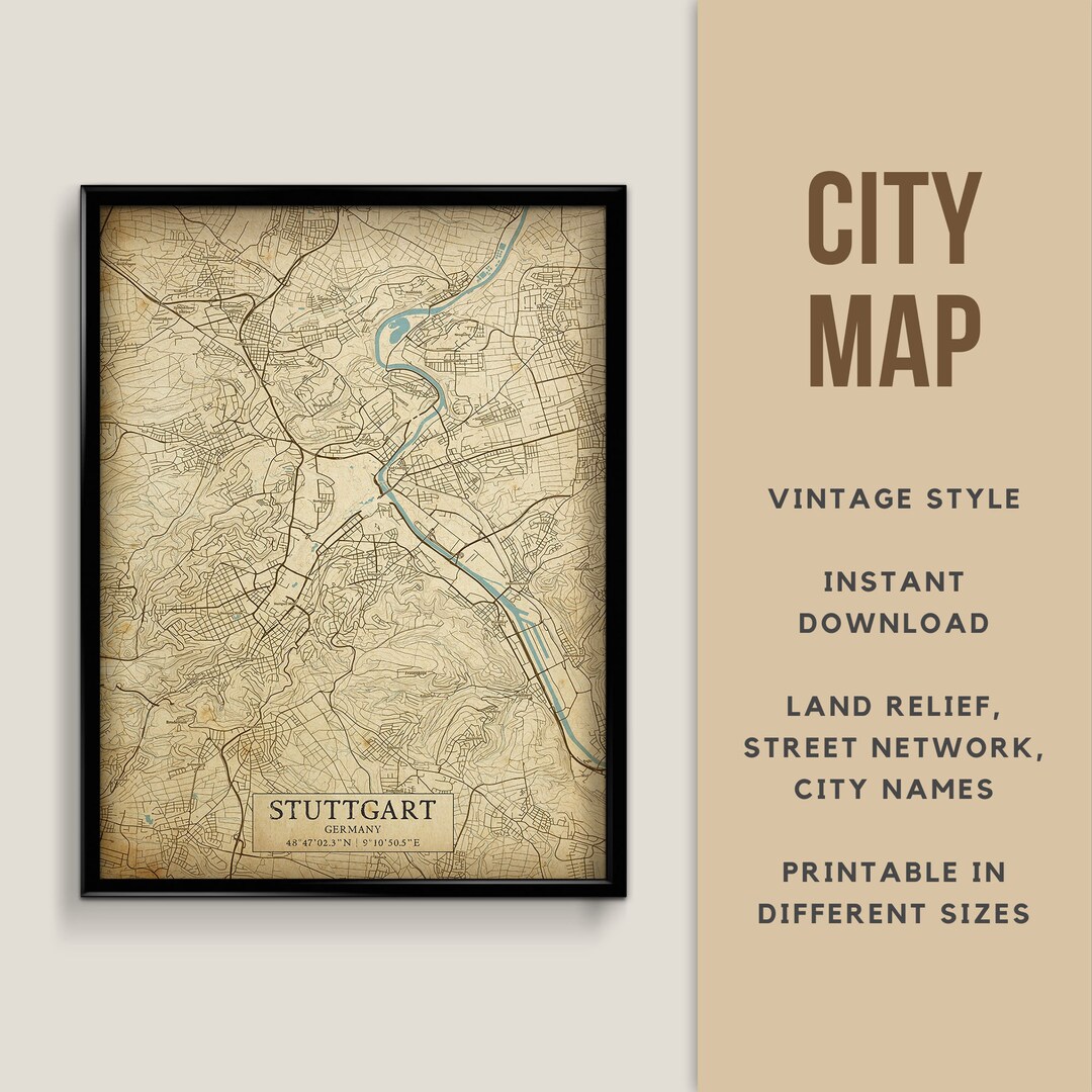 Printable Vintage Style Map of Stuttgart, Germany - Instant Download ...