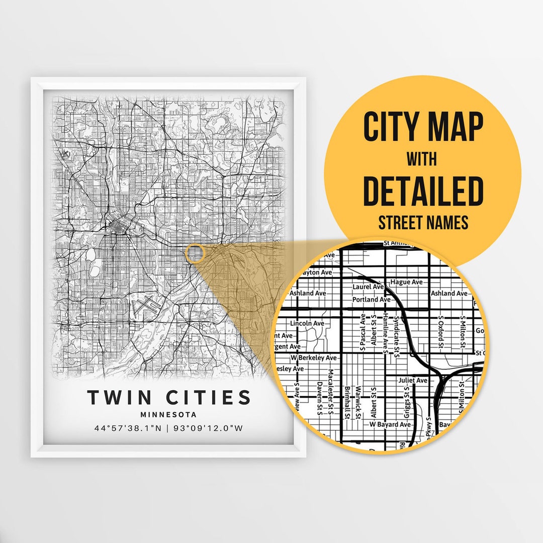 Printable Map of Twin Cities, Minneapolis – Saint Paul, Minnesota, USA ...