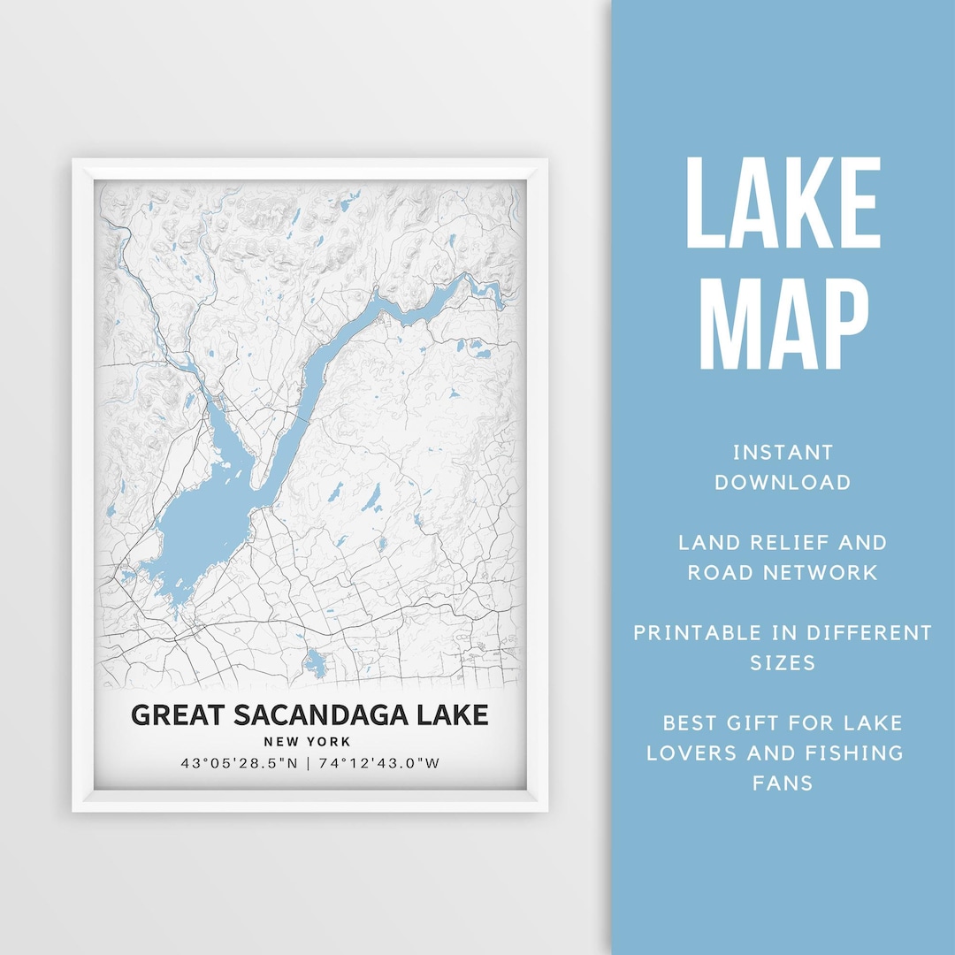 Printable Map of Great Sacandaga Lake, New York, US - Instant Download ...