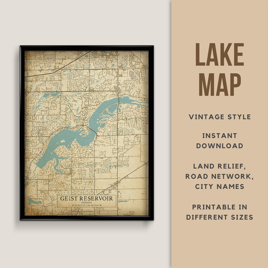 Vintage Style Map of Geist Reservoir, Indiana, USA With City Names ...