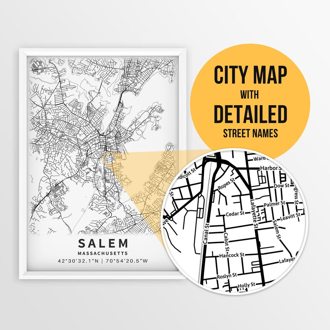 Printable Map of Salem, Massachusetts, USA With Street Names - Instant ...