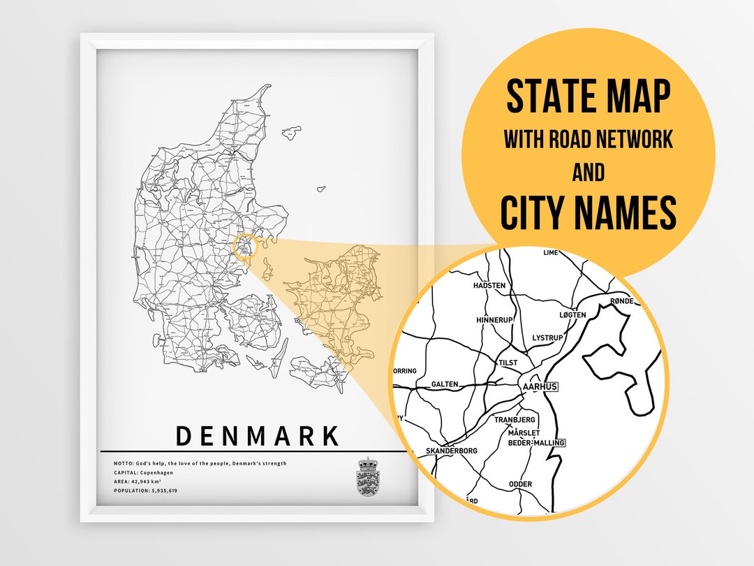 Printable Map of Denmark With City Names Instant Download - Etsy