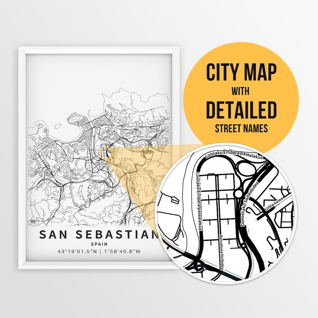 Printable Map of San Sebastian, Spain With Street Names - Instant ...