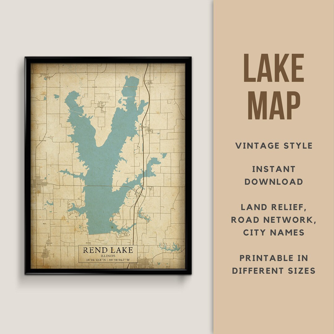 Vintage Style Map of Rend Lake, Illinois, USA With City Names Instant ...