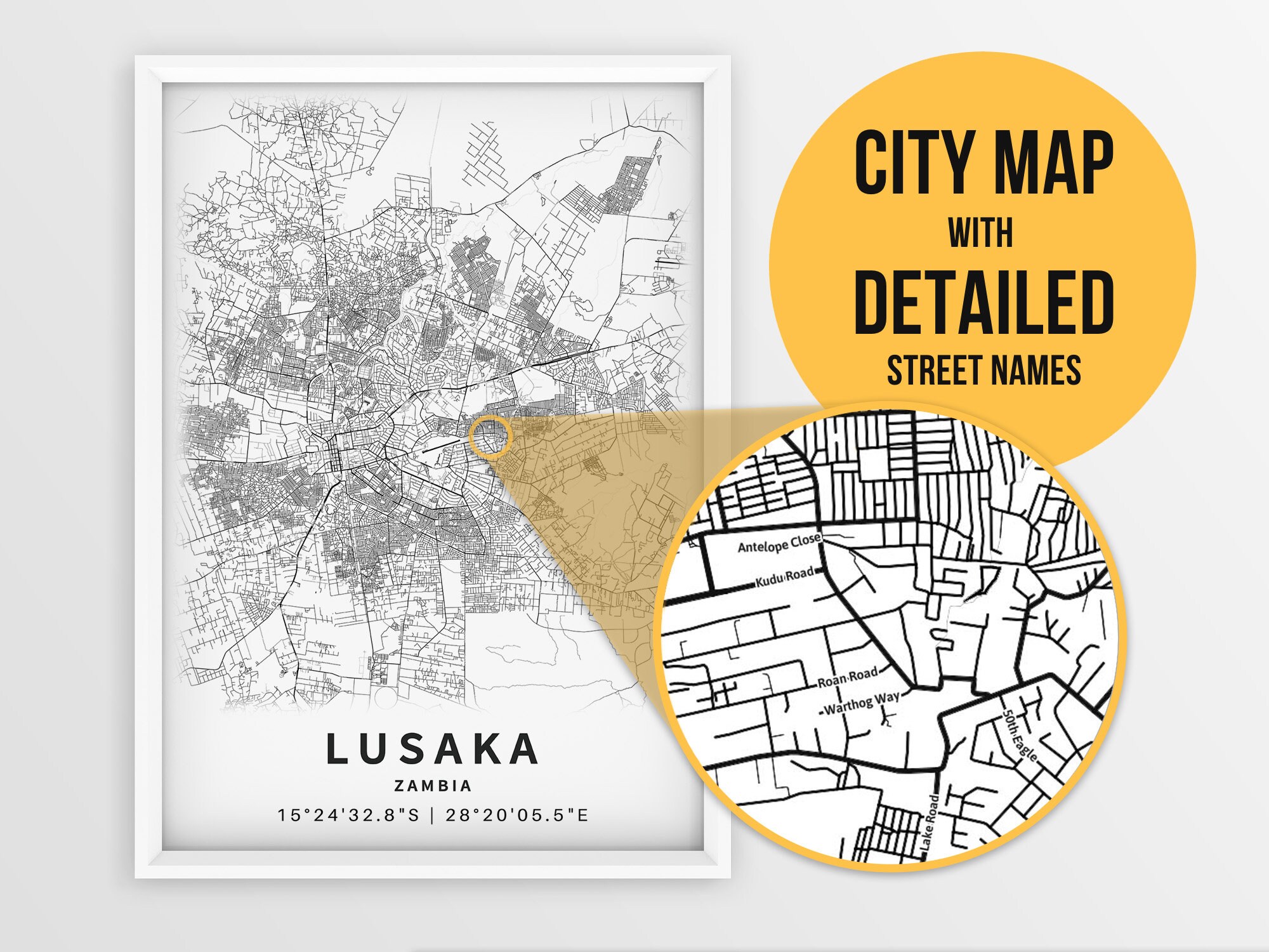 Printable Map of Lusaka Zambia Lusaka city map with Street | Etsy