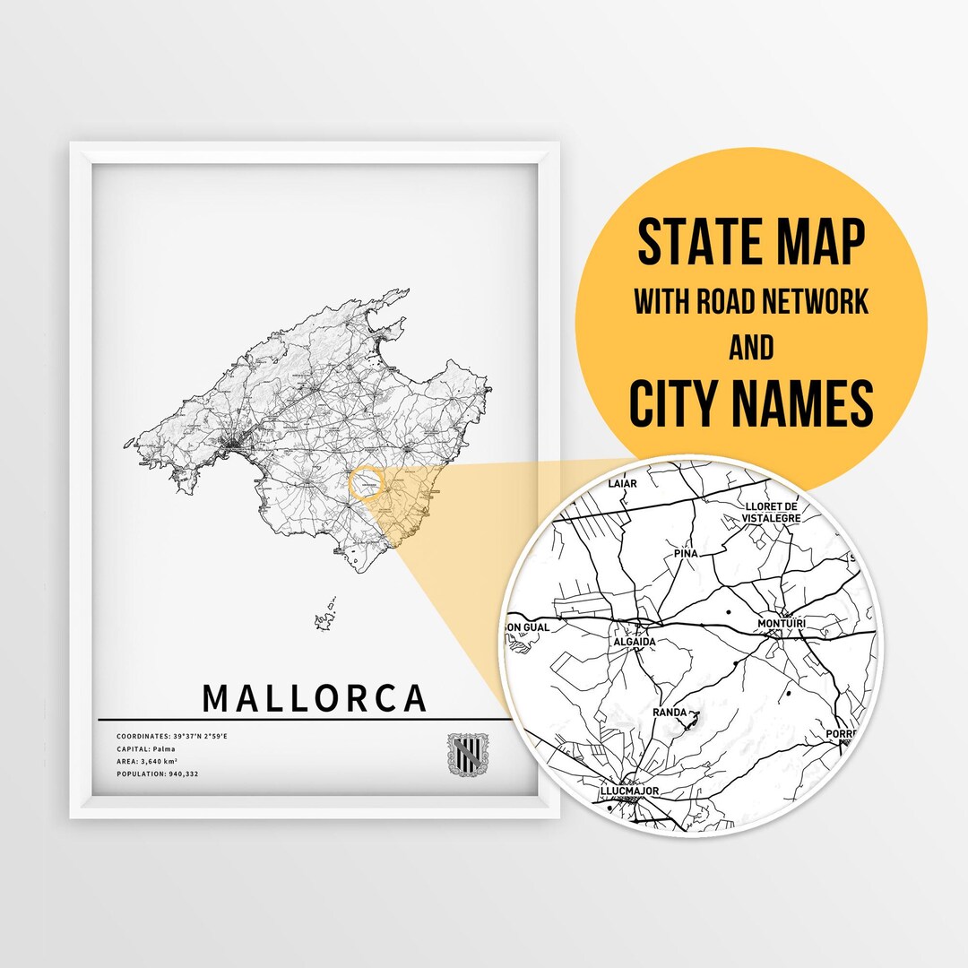 Printable Map of Mallorca, Spain With City Names and Roads - Instant ...