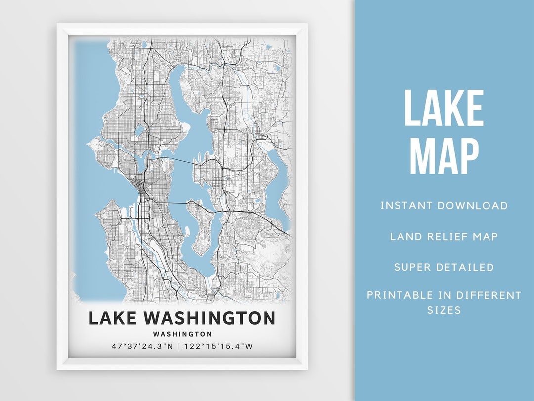 Printable Map of Lake Washington Washington Seattle United - Etsy