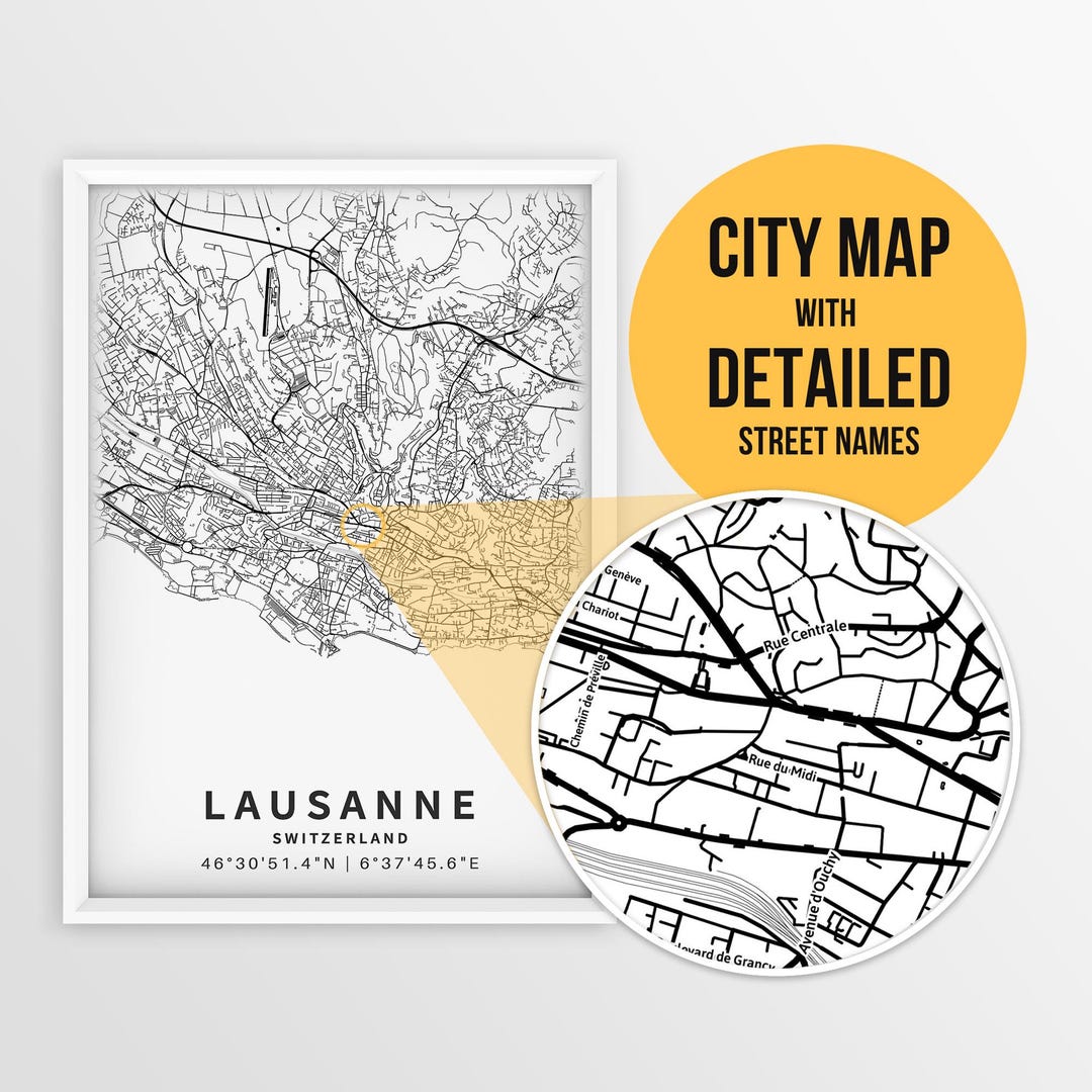 Printable Map of Lausanne, Switzerland With Street Names - Instant ...
