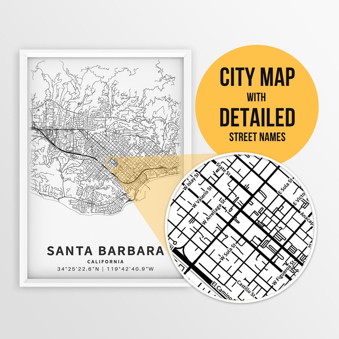 Printable Map of Santa Barbara, California, USA With Street Names ...