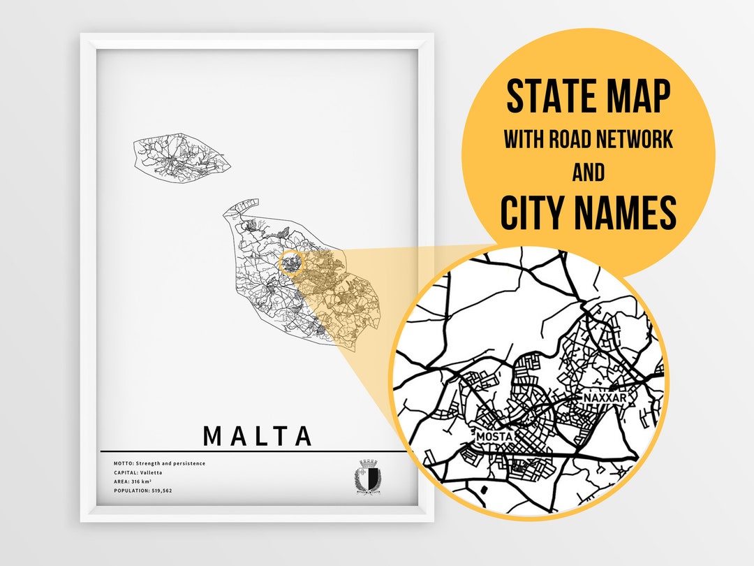 Printable Map of Malta With City Names Instant Download - Etsy
